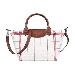 【LONGCHAMP】LONGCHAMP LE PLIAGE TORCHON壓印LOGO格紋設計棉布短把拉鍊斜背包(白x紅)-momo購物網 ...