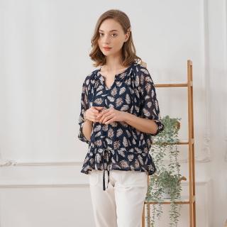 【CUMAR】小V領綁帶七分袖上衣(藍 黃)-momo購物網