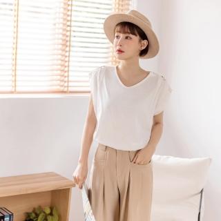 【OB 嚴選】小V臉棉麻素色V領肩袖設計上衣 《AB18465》-momo購物網