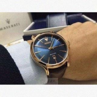 【MASERATI 瑪莎拉蒂】MASERATI手錶型號R8851118001(寶藍色錶面玫瑰金錶殼咖啡色真皮皮革錶帶款)-momo購物網 ...