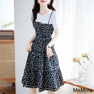 【MsMore】假兩件碎花吊帶拼接撞色時尚連身裙短袖中長版洋裝#118167(黑)-momo購物網 - 好評推薦 - 2025年7月
