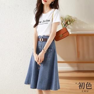 【初色】字母印花休閒圓領短袖T恤上衣+牛仔單排扣顯瘦半身裙中長裙套裝-白拼藍-69270(M-2XL可選)-momo購物網 - 好評推薦 ...