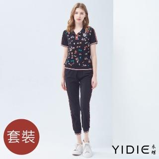 【YIDIE 衣蝶】彩色蜻蜓羅紋織邊九分褲套裝-黑(上下身分開販售)-momo購物網