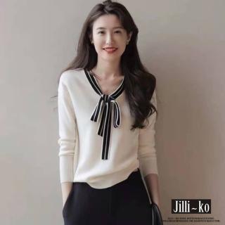 【JILLI-KO】名媛風撞色飄帶蝴蝶結領打底針織衫-F(杏)-momo購物網 - 好評推薦 - 2025年9月