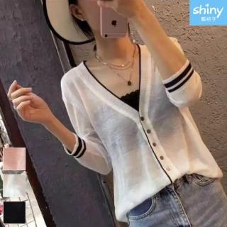 【Shiny 藍格子】配色V領七分袖針織防曬外套 V3399 現+預(女裝 罩衫)-momo購物網 - 好評推薦 - 2025年8月