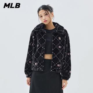 【MLB】女版毛絨拉鍊翻領外套 MONOGRAM系列 紐約洋基隊(3FFDM0136-50BKS)-momo購物網