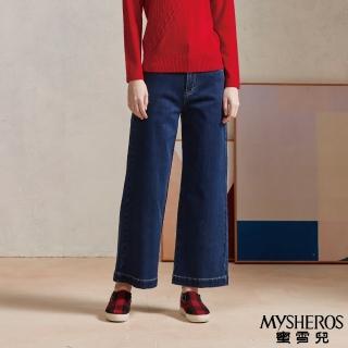 【MYSHEROS 蜜雪兒】寬腿牛仔長褲 天絲棉材質 前釦拉鍊鬆緊腰頭(藍)-momo購物網