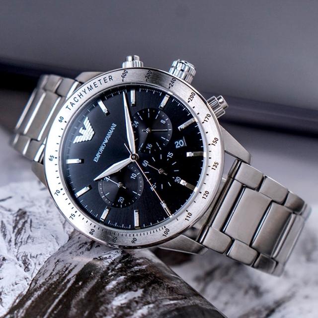 【EMPORIO ARMANI】亞曼尼 公司貨 Mario 鋼鐵型男三眼計時不鏽鋼腕錶/銀x黑面(AR11241) - momo購物網 ...