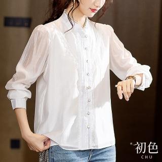 【初色】微高領花邊拼接蕾絲壓褶長袖襯衫上衣女上衣-白色-33240(M-2XL可選)-momo購物網 - 好評推薦 - 2025年12月