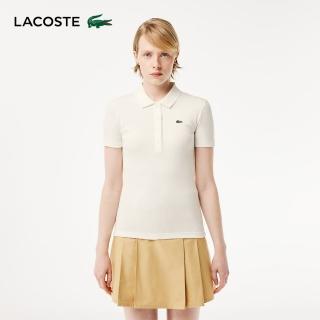 【LACOSTE】女裝-修身有機棉短袖Polo衫(米白色)-momo購物網