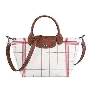 【LONGCHAMP】LONGCHAMP Le Pliage Torchon浮雕奔馬LOGO帆布紅條紋拉鍊式手提/斜背包(小/白x紅條紋 ...