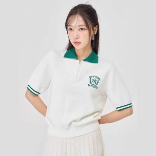 【MLB】女版短版半拉鍊 POLO衫 Varsity系列 紐約洋基隊(3FKPV0543-50IVS)-momo購物網