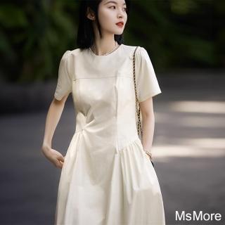 【MsMore】法式通勤棉質褶皺氣質連身裙短袖圓領長版洋裝#118123(米/深藍)-momo購物網 - 好評推薦 - 2025年10月