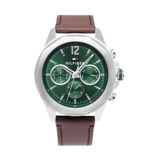 【Tommy Hilfiger】綠面 銀框 三眼日期顯示 紅棕色皮革錶帶 46mm 男錶 手錶 年中慶(1792064)-momo購物網 ...