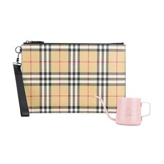 【BURBERRY 巴寶莉】BURBERRY EDIN復古格紋印花PVC拉鍊手拿包(典藏米/粉色咖啡壺)-momo購物網 - 好評推薦 ...