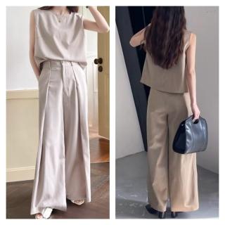 【ASister 小姊姊】現貨在庫★2件式套裝☆*圓領側褶線純色*無袖背心上衣+有釦褶線闊腿寬褲(4色 F #AS0615)-momo購物網 ...