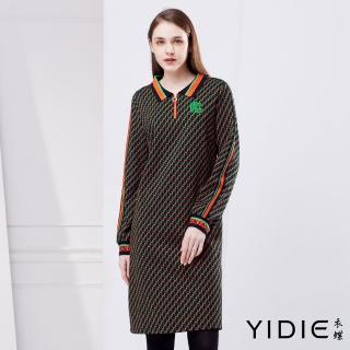 【YIDIE 衣蝶】菱格紋字母貼布繡配色翻領長洋裝-桔紅-momo購物網