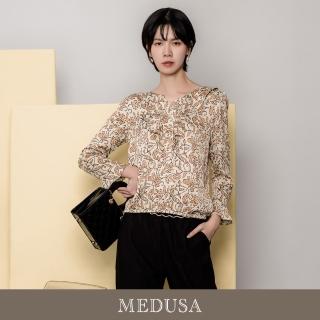 【MEDUSA 曼度莎】現貨-卡其棕印花紋理上衣（M-2L）｜女雪紡上衣 女長袖上衣(501-13501)-momo購物網 - 好評推薦 ...
