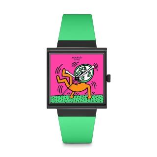 【SWATCH】BREAKS OFF 經典手錶/方形錶/Keith Haring 聯名錶/女錶/瑞士製造 SO34Z102(33mm)-momo購物網