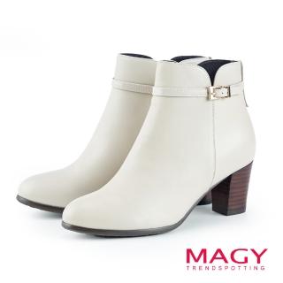 【MAGY】V口釦帶雙皮質粗高跟短靴(米色)-momo購物網