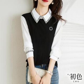 【初色】假兩件拼接翻領長袖笑臉印花襯衫大學T恤上衣女上衣-黑白色-32731(M-2XL可選)-momo購物網 - 好評推薦 - 2025年10月