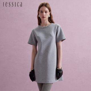 【JESSICA】簡約百搭圓領鑽飾棉質短袖洋裝244725-momo購物網