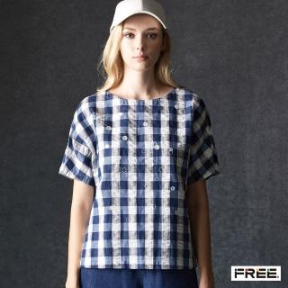 【FREE】INDIGO棉麻格子小船領上衣(丈青)-momo購物網 - 好評推薦 - 2025年3月