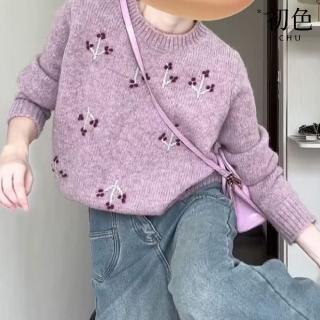 【初色】韓系減齡小花刺繡短款套頭長袖毛衣上衣女上衣-紫色-39729(F可選)-momo購物網 - 好評推薦 - 2025年9月