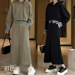 【初色】假兩件連帽抽繩長袖上衣女上衣+純色口袋半身裙套裝-共2色-39660(M-4XL可選)-momo購物網 - 好評推薦 - 2025年8月
