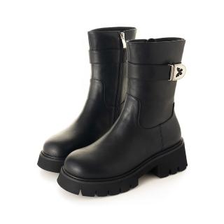 【amai】優雅蝴蝶皮帶釦輕量厚底短靴 短筒靴 襪靴 粗跟 中跟 顯瘦 英倫風 時尚 大尺碼 GB925BK(黑色)-momo購物網 - 好評 ...