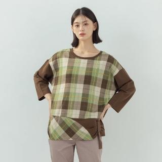 【MOSS CLUB】人字斜紋格子布異材質拼接落肩長袖上衣(藍 綠)-momo購物網 - 好評推薦 - 2025年10月