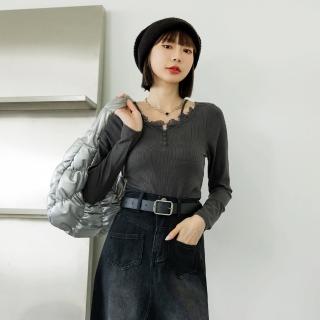 【OB 嚴選】假兩件蕾絲拚接半門襟合身長袖上衣 《AB19944》-momo購物網 - 好評推薦 - 2025年12月