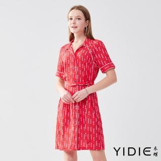 【YIDIE 衣蝶】前開扣式綁帶襯衫造型條紋短洋裝-紅-momo購物網