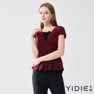 【YIDIE 衣蝶】拼接蕾絲領壓褶印花娃娃裝上衣-深玫瑰紅-momo購物網