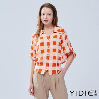【YIDIE 衣蝶】跳色格紋袖畔飛鼠袖上衣-桔紅-momo購物網