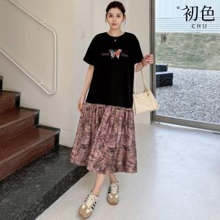 【初色】街頭風圖案印花拼接圓領短袖亞麻印染摺皺大裙襬中長裙連衣裙連身洋裝-黑色-10617(L-3XL可選)-momo購物網 - 好評推薦 ...