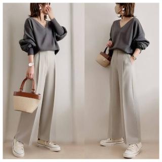【ASister 小姊姊】AS1241#套裝☆V領長袖上衣+打褶西裝寬褲2件式褲裝(灰衣+杏褲 S-L)-momo購物網 - 好評推薦 ...