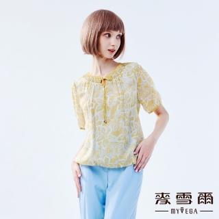【MYVEGA 麥雪爾】綁結縮口下擺印花上衣-黃(通勤風)-momo購物網