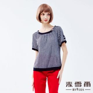 【MYVEGA 麥雪爾】荷葉領格紋上衣-深藍(通勤風)-momo購物網