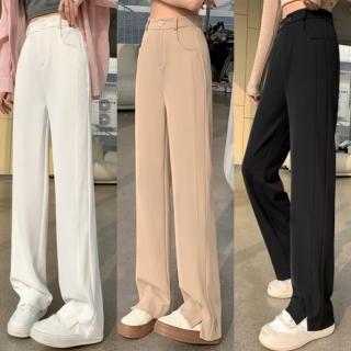 【baibeauty 白鳥麗子】率性純色西裝布後鬆緊側開衩落地直筒長褲-momo購物網 - 好評推薦 - 2025年9月