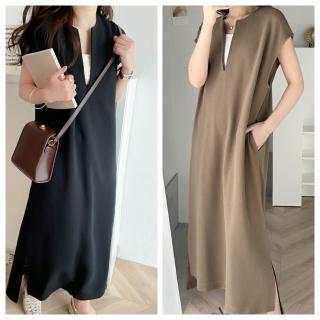 【ASister 小姊姊】AS1319#洋裝☆切袖*大V領質感格織側口袋*下襬開岔過膝連身裙(2色 M-L)-momo購物網 - 好評推薦 ...