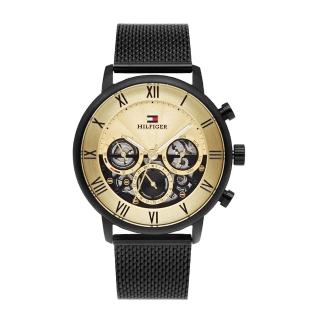 【Tommy Hilfiger】黑框 金面 黑色米蘭錶帶 三眼日期顯示腕錶 44mm 手錶(1710568)-momo購物網 - 好評推薦 ...