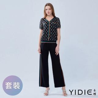 【YIDIE 衣蝶】菱形繡花織帶長褲套裝-黑(上下身分開販售)-momo購物網